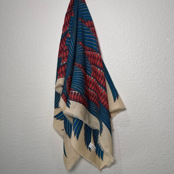 Accessories | Wool Red And Blue Feather Patterned Scarf | Poshmark